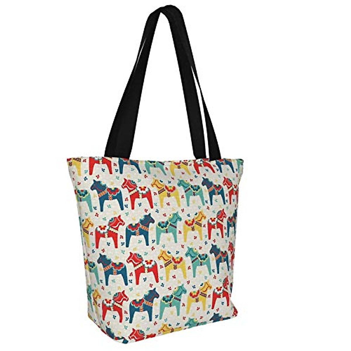 antcreptson Swedish Dala Horses Extra Large Canvas Shoulder Tote Top Storage Handle Bag for Gym Beach Weekender Travel Reusable Grocery Shopping,Black White