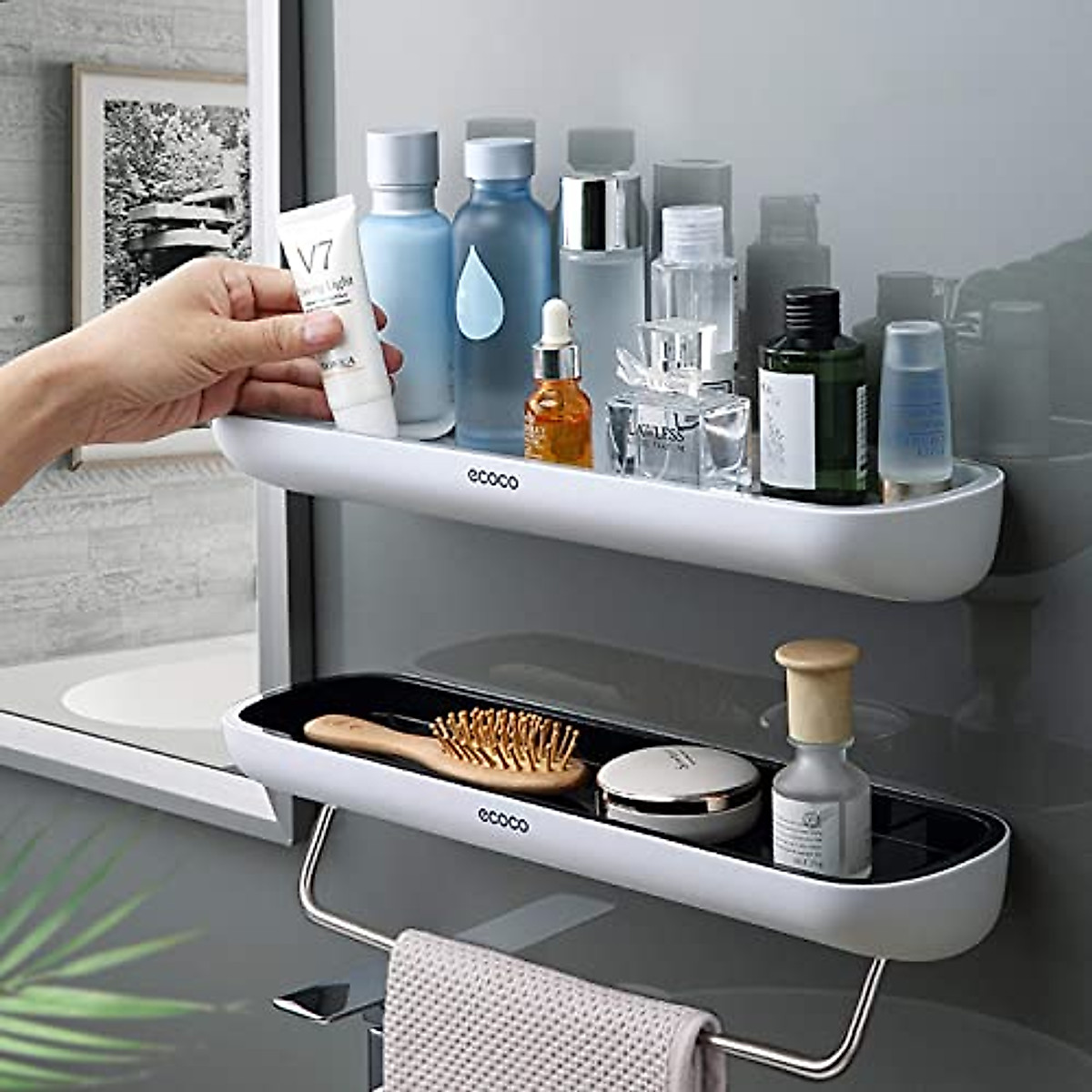 Guanniao Floating Shelves Bathroom Shelf Organizer Wall Mounted Shampoo Spices Shower Storage Rack Holder Bathroom Accessories (Classic Grey)