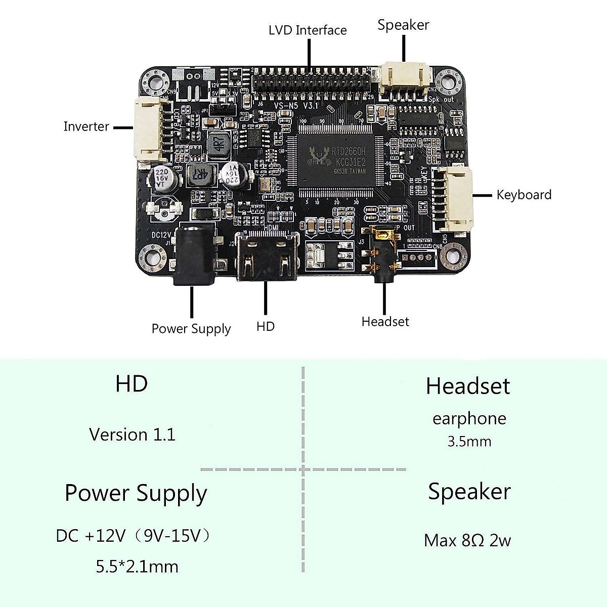 VSDISPLAY HD MI Audio LCD Controller Board VS-N5 V3 Work for 12.3 Inch 1920x720 HSD123KPW1-A30 HSD123KPW2-D10 LVDS Interface LCD Screen