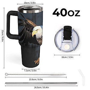 QWJKM Bald Eagle Tumbler with Handle Large Insulated Car Cup 40 OZ Stainless Steel Travel Mug Leak Proof Water Bottle with Lid And Straw for Car Home Office Gifts