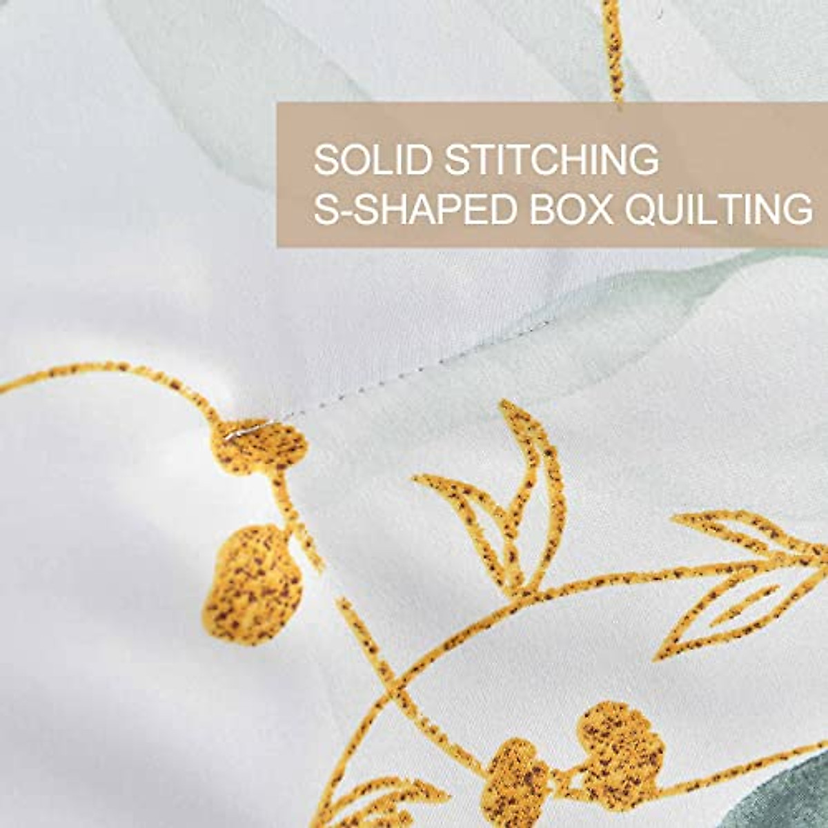 Nanko Queen Size Comforter Set, Green Gold Floral Leaf Flower Print Pattern Down Alternative Comforter Microfiber Modern Bedding,All Season Duvet Bed Set in a Bag for Women Men, 3 Pcs,88 x 90 inch