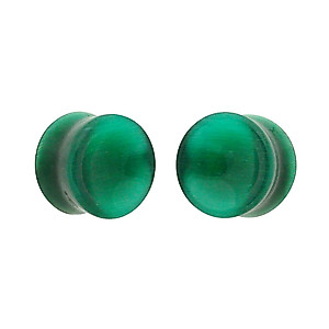 Mystic Metals Body Jewelry Pair of Emerald Green Cat Eye Stone Double Flare Concave Plugs (STN-671) (00g (10mm))
