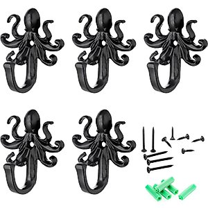 FANYUN 5 Pack Coat Hooks Wall Hooks, Octopus Decorative Wall Mounted Hooks Rustic Metal Hanger for Towel, Key Holder, Hanging Coats, Scarves, Bags, Purses, Backpacks Home Decor (Octopus)