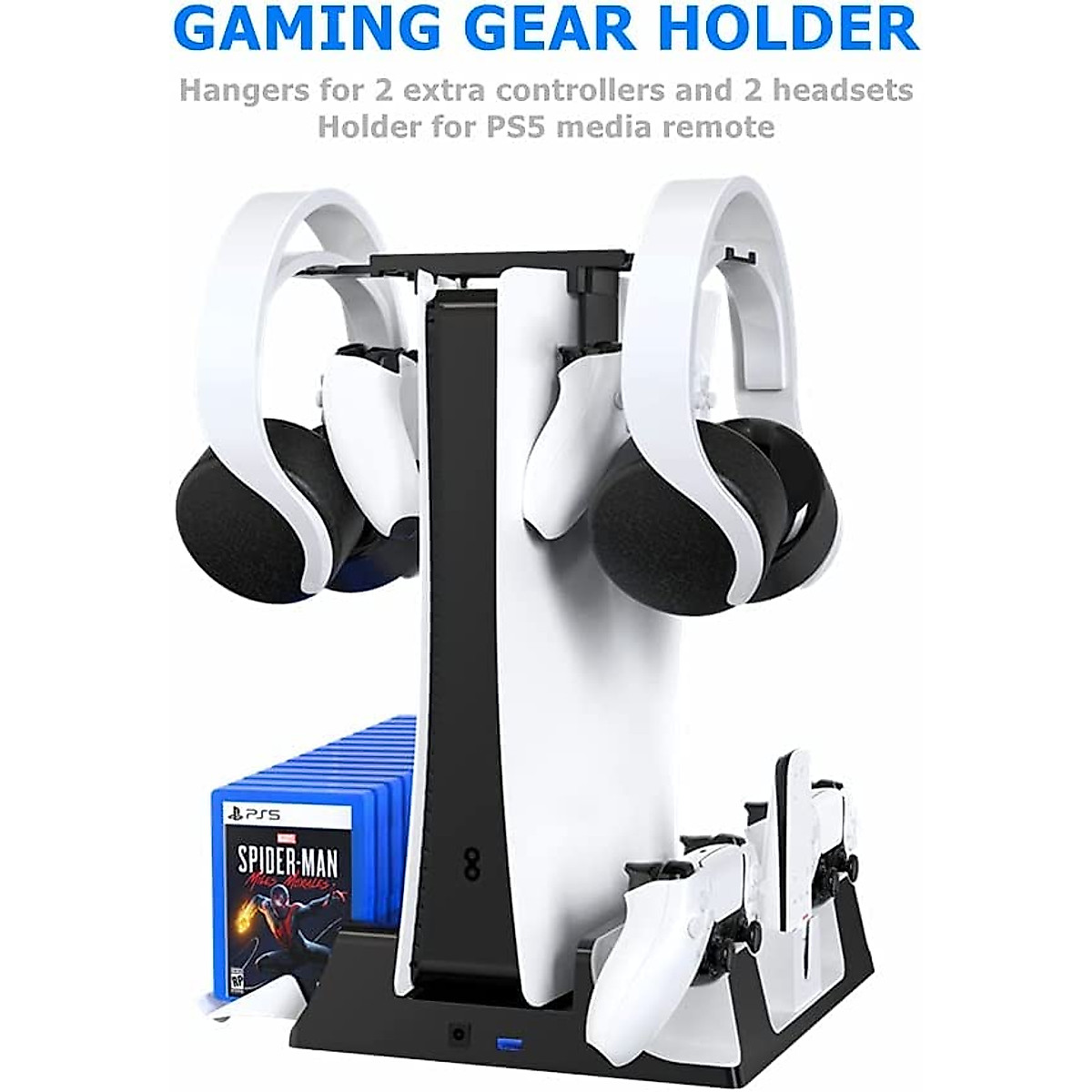 JDDWIN PS5 Vertical Charging Stand with Cooling Fan & Controller Hanger for PS5 Console,PS5 Stand Accessories with Dual Controller Charger and Game Rack Storage Organizer with 3 USB Ports