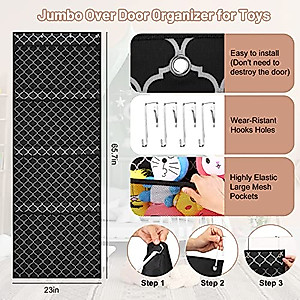 KOHUIJOO Stuffed Animal Storage, Stuffed Animal Holder, Over Door Hanging Mesh Storage Organizer Net Bags for Stuffed Animals Baby Toy Plush Storage for Nursery and Kids Room with Support Rods(Black)