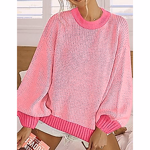 ZESICA Women's Casual Long Sleeve Crew Neck Pullover 2025 Spring Ribbed Knit Loose Contrast Color Sweater Tops,HotPink,Medium