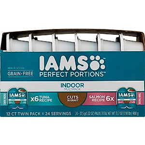 Iams Perfect Portions Indoor Adult Grain Free Wet Cat Food Pate Variety Pack, Salmon and Tuna Recipes, 2.6 oz. Easy Peel Twin-Pack Trays (12 Count, 24 Servings)