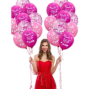 Sweet 16th Birthday Latex Balloons Confetti Balloon Pink and Hot Pink Party Decorations 30 Pack 12 Inch Helium Printed 16 Number With Happy Birthday Balloon for Girl