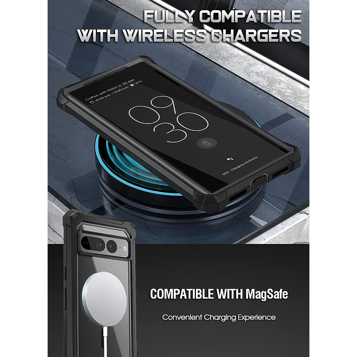 Poetic Guardian MagPro Case Compatible with Pixel 7 Pro,[Compatible with MagSafe], Built-in Screen Protector Work with Fingerprint ID, Full Body Hybrid Shockproof Protective Rugged Case, Black/Clear