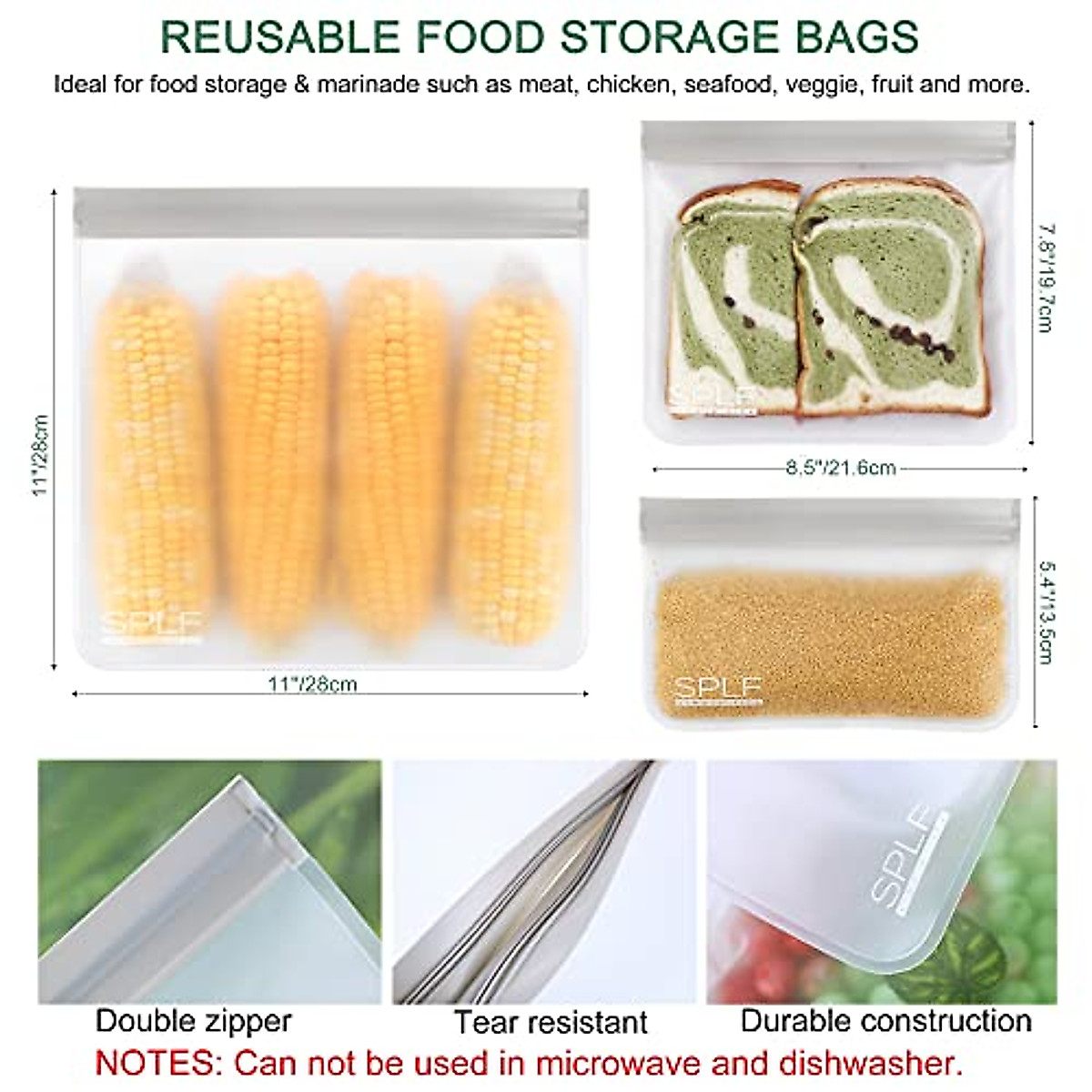 SPLF 12 Pack BPA FREE Reusable Storage Bags (5 Reusable Sandwich Bags, 5 Reusable Snack Bags, 2 Reusable Gallon Bags), Extra Thick Freezer Bags Leakproof Silicone and Plastic Free Lunch Bags for Food