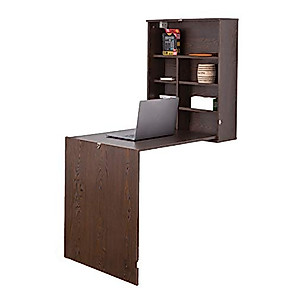 Basicwise Wall Mount Laptop Fold-Out Desk with Shelves, Brown,