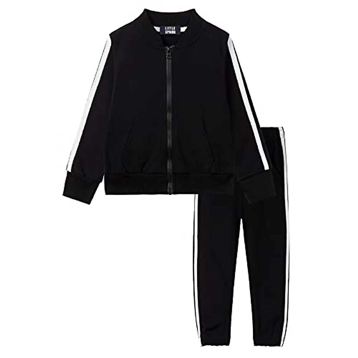 LittleSpring Cotton Tracksuits for Little Boys Full Zip Jackets and Jogger Set Black Size 7-8