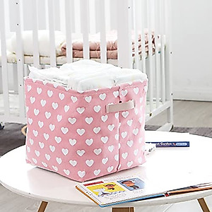 Hinwo 3-Pack Cubic Organizer Shelf Bins, Canvas Fabric Storage Baskets with Handles, 22L/5.8-Gal Square Storage Bins, Cubes, Collapsible Storage Box, 11 x 11 x 11 Inches (S, Pink Heart)