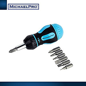 MichaelPro MP002005 8-Piece Multibit Screwdriver, Stubby multi screwdriver with 3 Slotted, 2 Philips and 2 Star, 7 in 1 Stubby Ratchet Screwdriver Short Nut Driver