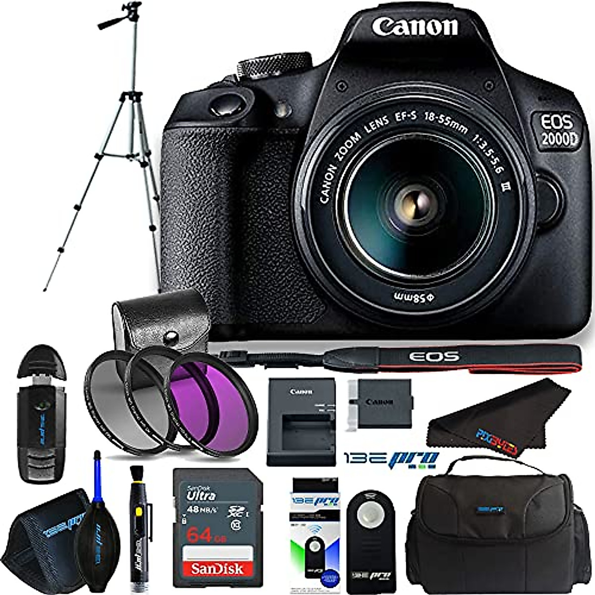 EOS 2000D / Rebel T7 Digital SLR Camera Body w/EF-S 18-55mm f/3.5-5.6 Lens 3 Lens DSLR Kit + Pixibytes Deluxe 16 Pcs Bundle (Renewed)