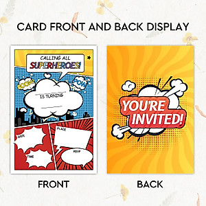 YUEXLL Comic Superhero Birthday Party Invitations Cards with Envelopes, Calling All Superheros Party Invitations, Birthday Celebration Supplies, Double-sided Fill-in bday Invites for Boys Girls- A35