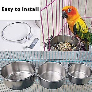 3 Pack Bird Feeder Bowl, Stainless Steel Parrot Feeding Cups with Clamp Holder, Cage Water Food Dish for Parakeet Lovebird Conure Cockatiels