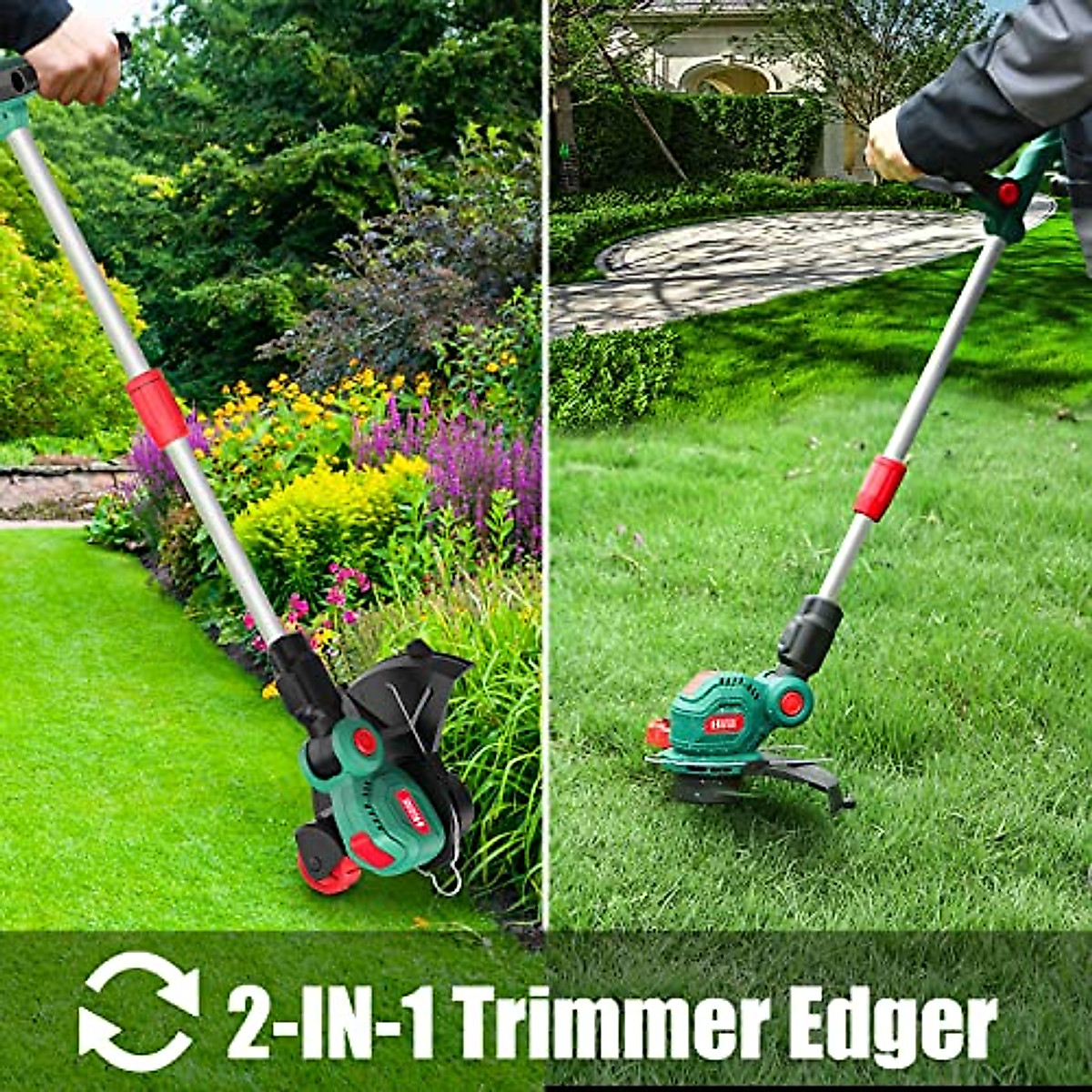 Weed Wacker Battery Weed Eater, HYPERECHO Cordless Grass String Trimmer 20V Auto-Feed Lines with 10 inch Cutting, Handle and Height Adjustable, 2.0Ah Battery and Fast Charger Included