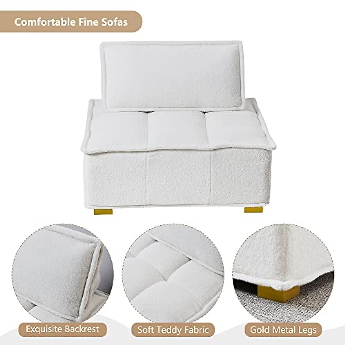 GNIXUU Modular Single Sofa, Lazy Sofas Ottoman with Gold Wooden Legs Teddy Fabric, Armless Couches for Small Space Living Room Bedroom Apartment Office