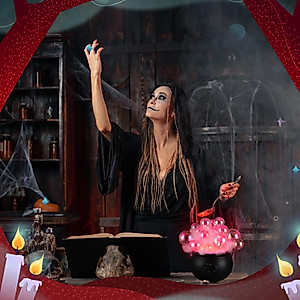 Liliful Light up Bubble Cauldron DIY Set, 7.68" Black Plastic Witches Cauldron with Handle 24 Pcs Clear Plastic Balls and String Light Halloween Cauldron Candy Bowl for Halloween Decorations (Red)