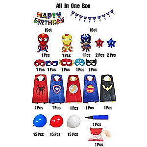 Superhero Themed Birthday Party Supplies Kid's Cosplay Game Costume Avenger Capes & Mask Happy Birthday Banner Balloons Decorations Perfect for Boys and Girls Birthday Party,Super Hero Party Favors