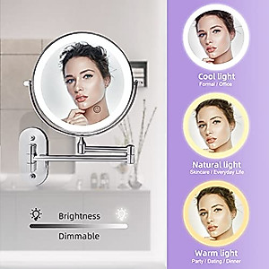 Wall Mounted Lighted Makeup Mirror, 1X 10X Magnifying Mirror with Light 3 Color Dimmable, 8'' Double Sided LED Light up Bathroom Vanity Mirror with Magnification, 360° Extendable Arm Shaving Mirror