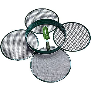 Garden Riddle Sieve Mesh Garden Mini Metal Stackable Sifting Pan Soil Sand Sieve with 4 Pieces Interchangeable Filter Mesh Sizes 1/2, 1/4, 3/8, 1/8 Inch and Hand Trowel for Garden Soil Supplies