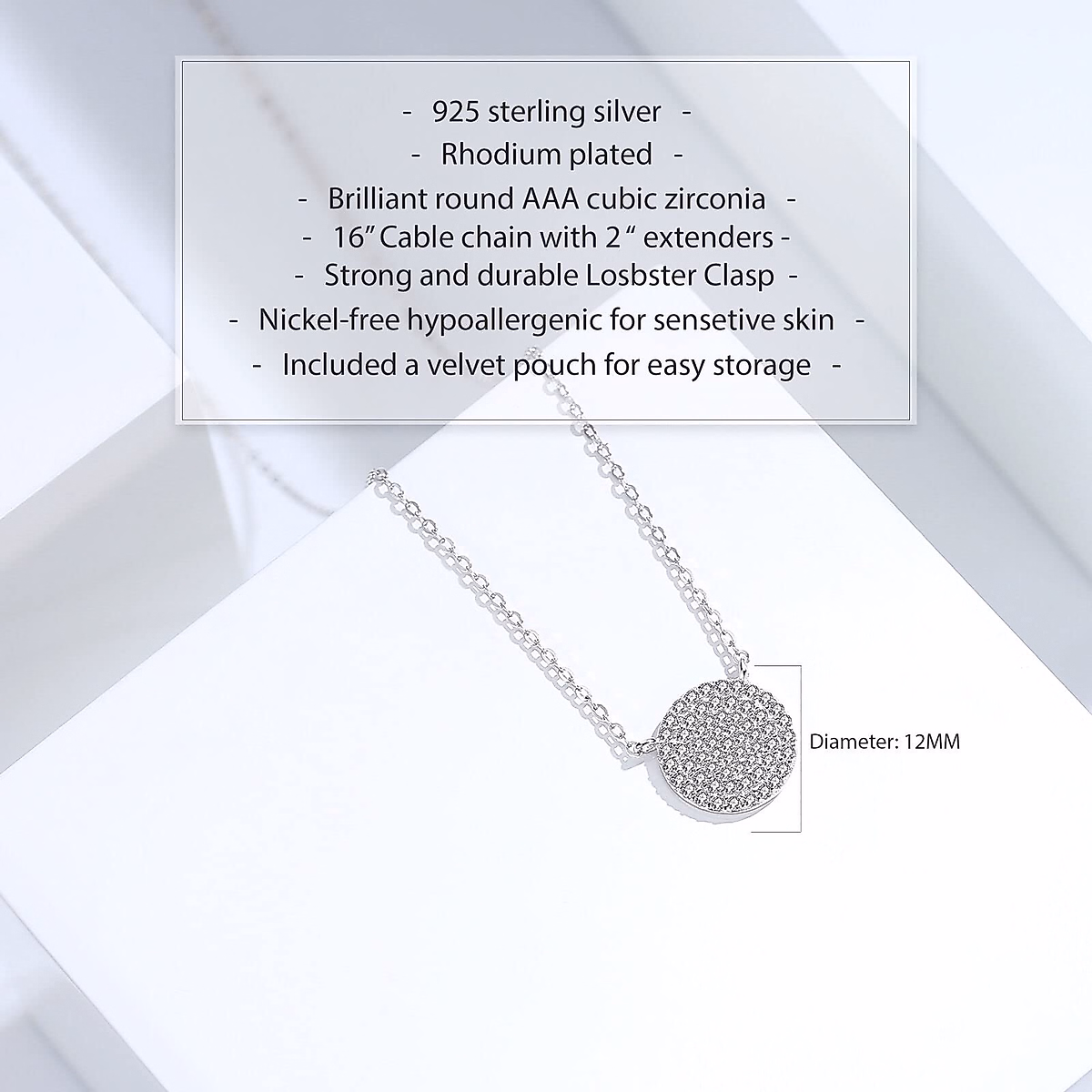 Lavishe Rhodium Plated 925 Sterling Silver Cubic Zirconia Disc Necklace With Circle Pendant 12mm Diameter, 18 Inch