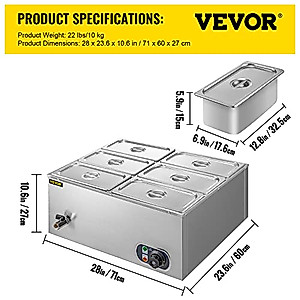 VEVOR 110V 6-Pan Commercial Food Warmer 850W Electric Countertop Steam Table 15cm/6inch Deep Stainless Steel Bain Marie Buffet Large Capacity 6x7 Quart, Silver