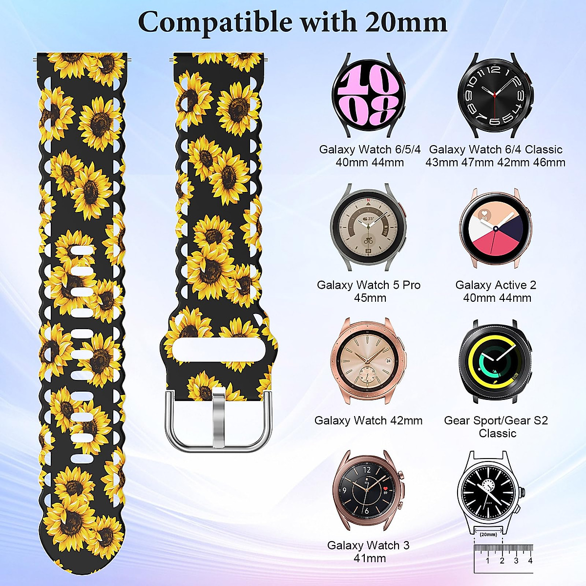 ZSMJ Compatible With Samsung Galaxy Watch 6/5/4 Band 40mm 44mm/Classic 43mm 47mm 42mm 46mm/Pro 45mm/Active 2/Watch 3 41mm, Slim Lace Floral Print Soft Silicone 20mm Quick Release Watch Bands for Women