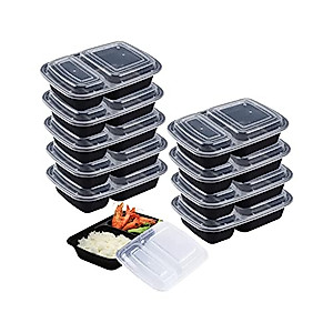 Neez 28 Oz Pack of 10-2 Compartment Meal Prep Containers with Lids - Food Storage Bento Box BPA Free - Reusable, Disposable, Microwavable & Stackable - Plastic