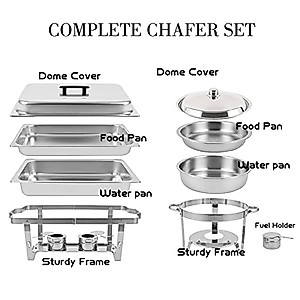 Restlrious Chafing Dish Buffet Set 4 Pack, Stainless Steel 5 QT Round & 8 QT Rectangular Foldable Chafers and Buffet Warmers Set, Full Size w/Water Pan, Food Pan, Fuel Holder & Lid for Catering Event