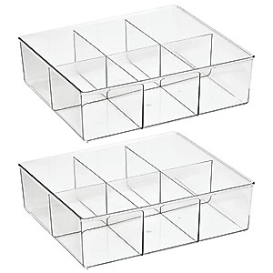 mDesign Plastic 6 Compartment Dresser Drawer Divided Organizer Bin for Scarves, Socks, Bras, Hair Ties, Belts, Underwear - Closet Shelf Storage Organization, Lumiere Collection, 2 Pack, Clear