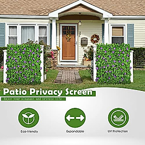 Betterhood Expandable Fence Privacy Screen, 4 Pack Decorative Faux Ivy Greenery Fencing Panel for Balcony Patio Outdoor, Artificial Hedges Screen, Purple Flower (Single Sided Leaves)