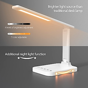 BMQJCBO White LED Desk Lamp for Study Home Office with 10W Charger & USB Port,LCD Display with Calendar Date Temperature Zoning Display, Extra Night Light Functio