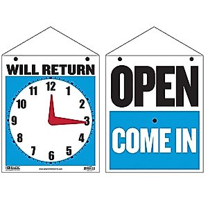 BAZIC Open Sign 7.5"x9", Clock Will Return Will be Back, Double Sides Plastic Vinyl Signs, Business Store Office Bars Retail Salon Shop, 1-Pack
