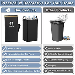 Recycling Bin Organizer for Home - 26 Gallon Recycle Bin for Kitchen with 2 Reusable Inner Bags - Indoor Recycling Bins with Lid for Bottles Cans Glass Plastic Cartons, Waterproof & Reusable (Black)