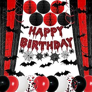 Halloween Birthday Party Decorations, Halloween Birthday Decorations includes Glitter Happy Birthday Banner Red Foil Curtains Backdrop and 3D Bat Sticker for Spooky Vampire Birthday Decorations