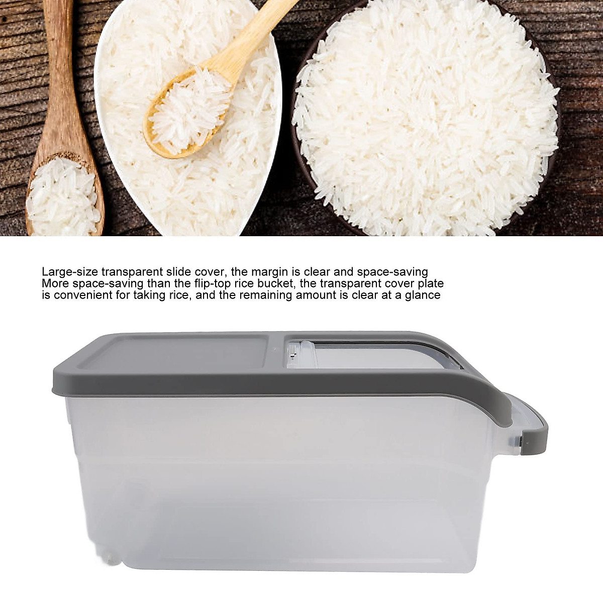 Food Container, 10KG Large Food Grade PP Transparent Thickened Rice Container 7.2x15.2x8.3in Grain Storage Box with Slide Cover, Sealed Dustproof Rice Storage Container for Rice Flour Cerea(grey)
