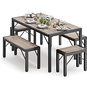 Gizoon 63" Dining Room Table Set for 6, Kitchen Table with 2 Benches and 2 Stools, Dining Table Set with Metal Frame, Space-Saving Kitchen Table Set for Apartment, Grey