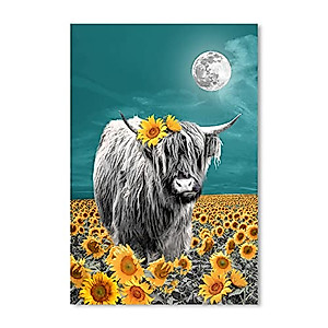 Highland Cow Sunflower Wall Art: Scottish Cow Canvas Print Farmhouse Wall Decor - Blossom Flowers Field Picture Bedroom Decoration Teal Moon Decorative Artwork for Home Office 10" x 15"