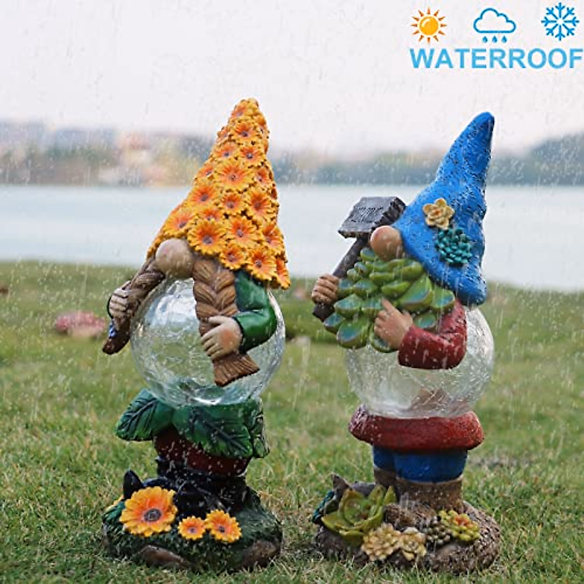 Koncenttop S/2 Gnomes Garden Outdoor Figurine Lights Decor, Solar Light Gnomes Stuatues Yard Decoration, Resin Gnome Figurine Gnome Lady with Sunflower Hat, Outdoor Pation Decor, Gome Gift,Yard Decor