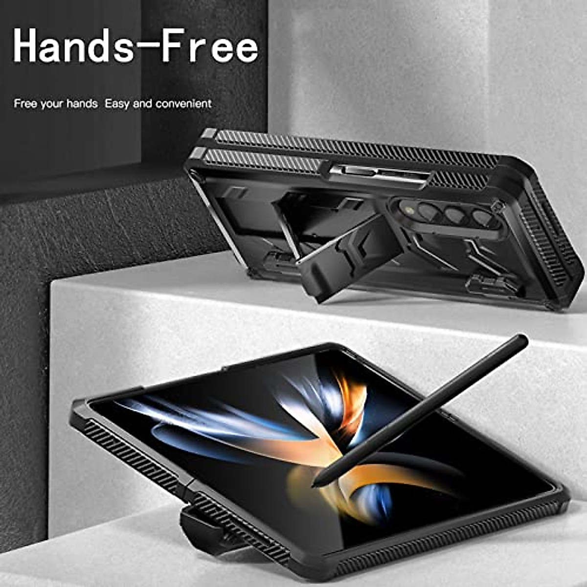 DR.DESIRE for Samsung Galaxy Z Fold 4 Case,Android Rugged Armor Pro Full Body Protection Cover with S Pen Holder Screen Protector and Stand Black