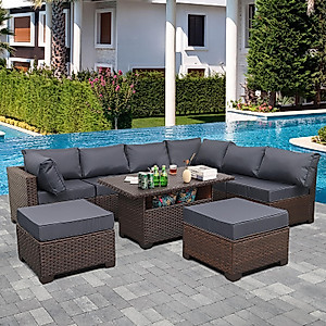 Lviden 9 Pieces Wicker Patio Furniture Set Outdoor PE Rattan Sectional Conversation Sofa Set with Navy Blue Cushions and Storage Table