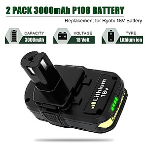 TOPBATT 2Pack P108 P102 3.0Ah Replacement for Ryobi 18V Battery and P117 Charger Combo Compatible with Ryobi 18 Volt Battery P103 P104 P105 P107 P109 P190 P191 P122 Cordless Tool