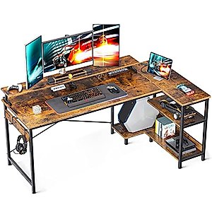 ODK Small L Shaped Desk, 66 inch Corner Desk with Reversible Storage Shelves, Computer Desk with Monitor Shelf and PC Stand for Home Office, Gaming Desk with Headphone Hooks, Rustic Brown