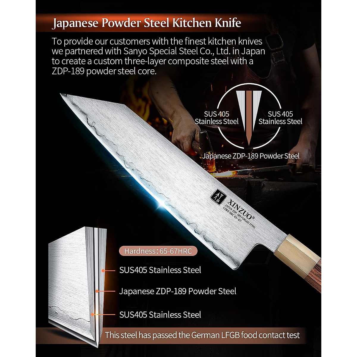 XINZUO 8 Inches Japanese Kiritsuke Chef Knife, Super ZDP-189 Steel Knife, Professional Cooking Knife for Chefs&Home, 67HRC, Ergonomic Octagonal Handle with Desert Ironwood