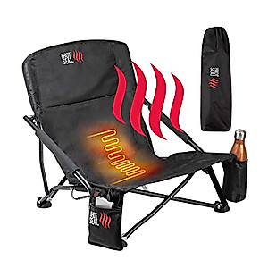 POP The Hot Seat, Heated Lightweight Folding Low Beach Chair, 2 Zipper Pockets, Padded Armrests, Portable with Carry Bag, Perfect for Camping, Beach, Soccer and Lawns. (Battery NOT Included)
