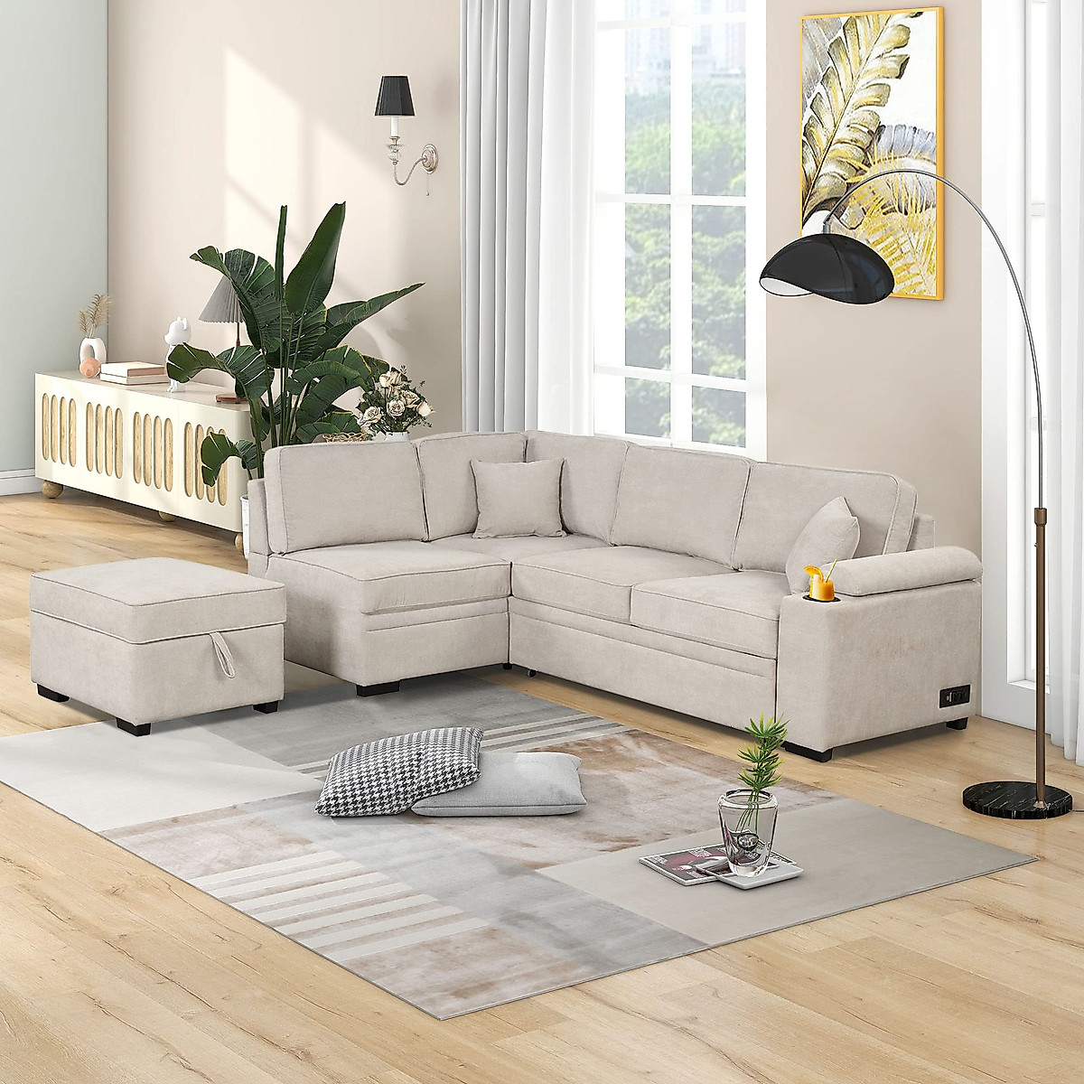 Harper & Bright Designs 87.4" Sleeper Sofa Bed, 2 in 1 Pull Out Sofa Bed L-Shape Couch with Storage Ottoman for Living Room, Bedroom and Small Apartment, Beige