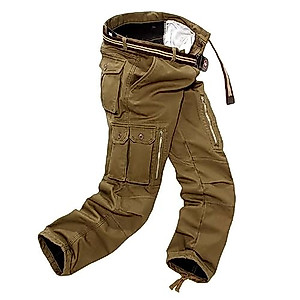 Men's Fleece Lining Winter Warm Ski Outdoor Cargo Work Trousers Tactical Pants Combat Ripstop Trousers with Multi-Pockets